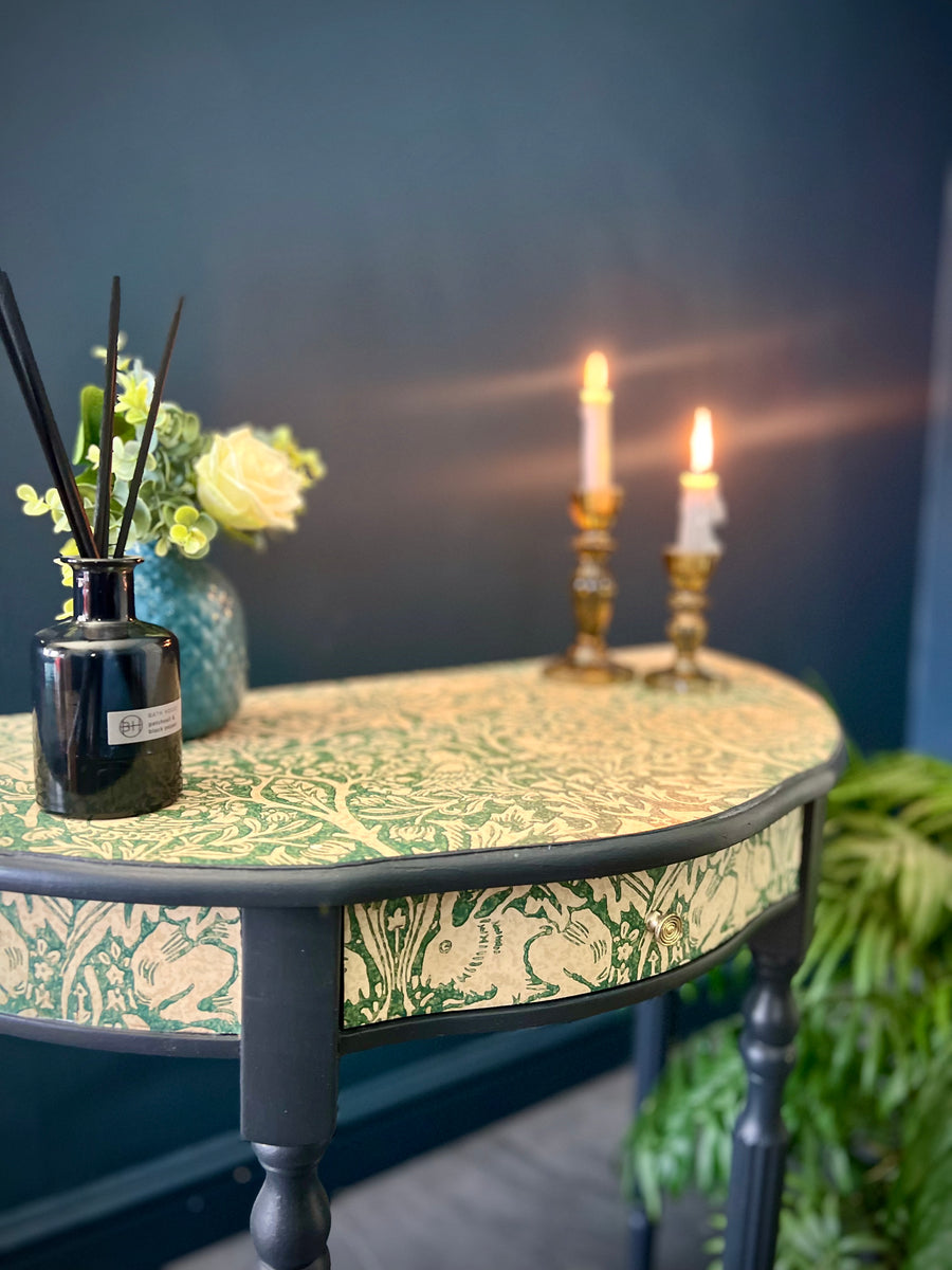 Half Moon Console Table decoupaged in classic William Morris Brer Rabb – Pieces of Eight Design